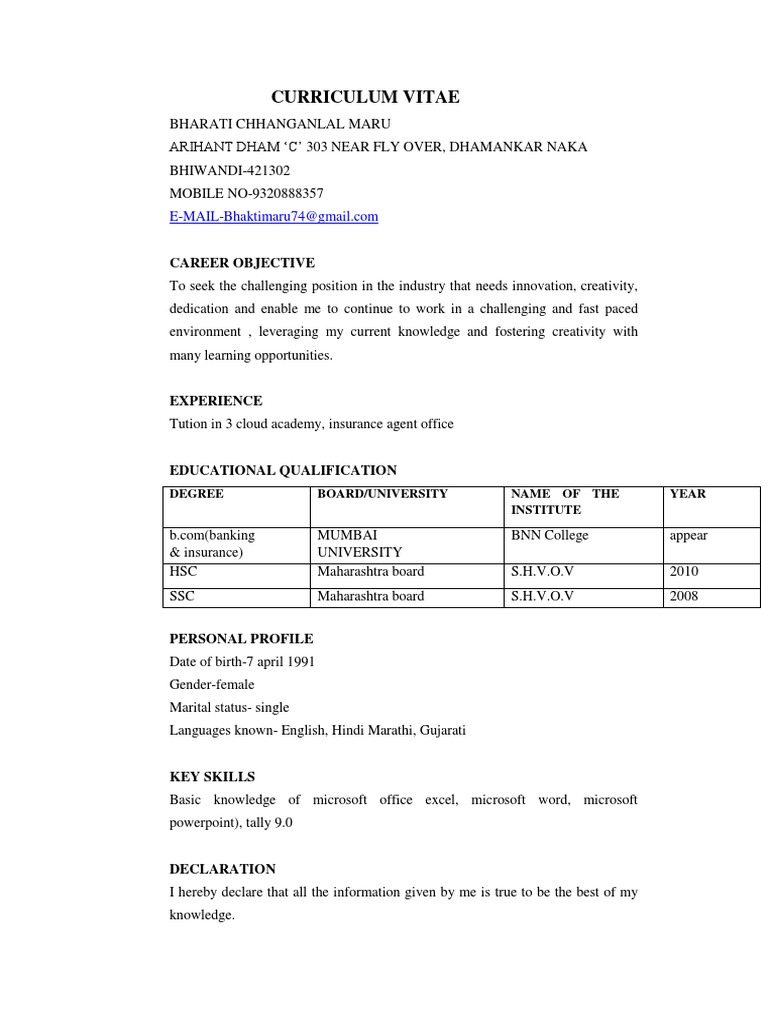 Curriculum Vitae: Career Objective | PDF | Behavior Modification | Cognition