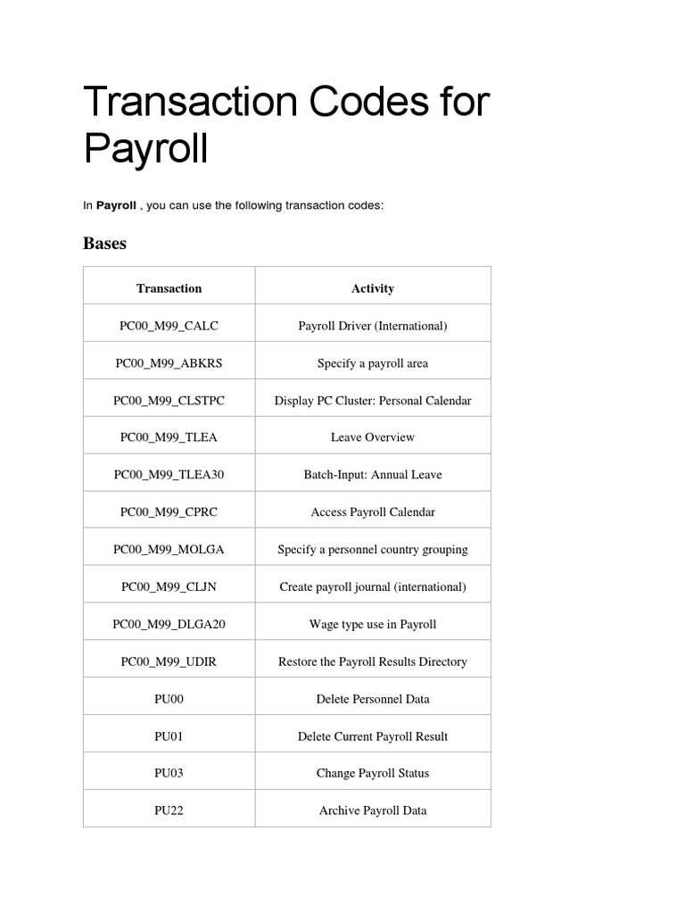 SAP Payroll Transaction Codes Guide | PDF | Payroll | Wage