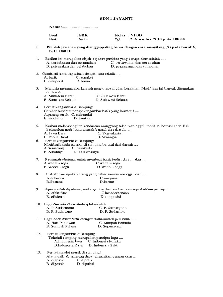 Soal Latihan SBK Kelas VI SD | PDF | Seni