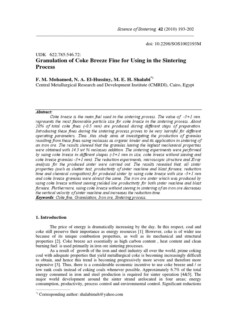 Granulation of Coke Breeze Fine For Using in The Sintering Process ...
