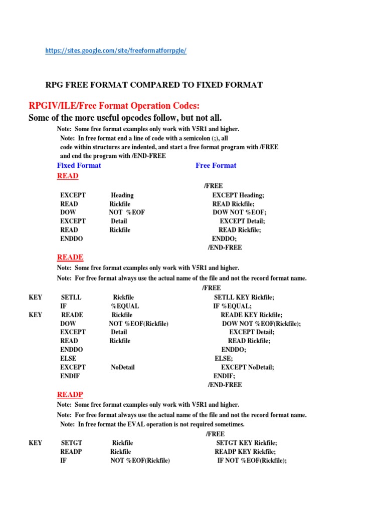 RPGIV/ILE/Free Format Operation Codes:: Some of The More Useful Opcodes ...