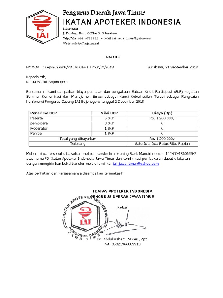 SK SKP 262-2018 Invoice Konfercab PC Iai Bojonegoro | PDF | Bisnis ...