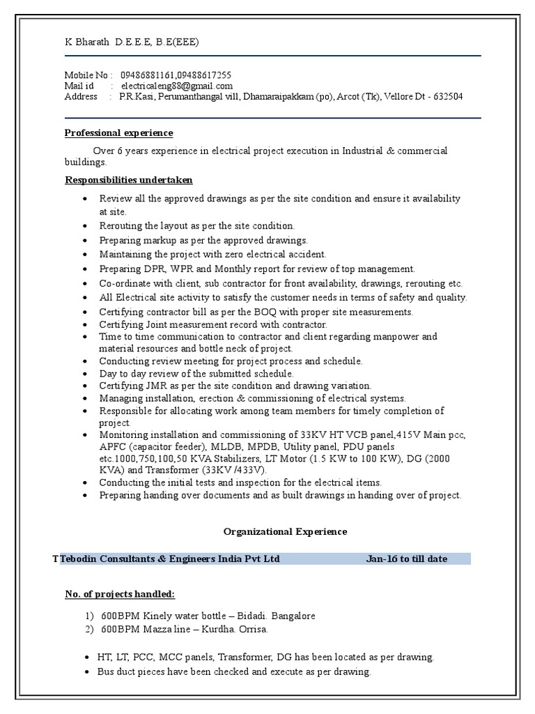 Bharath Resume | PDF | Transformer | Electrical Engineering