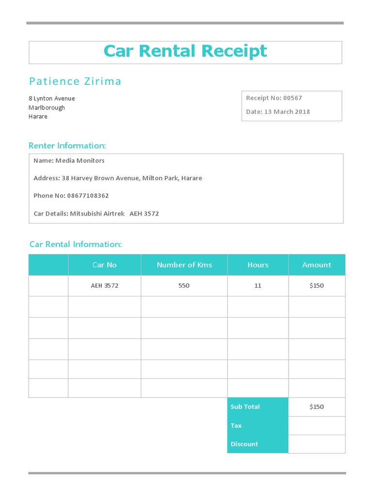 Car Rental Receipt Template | PDF