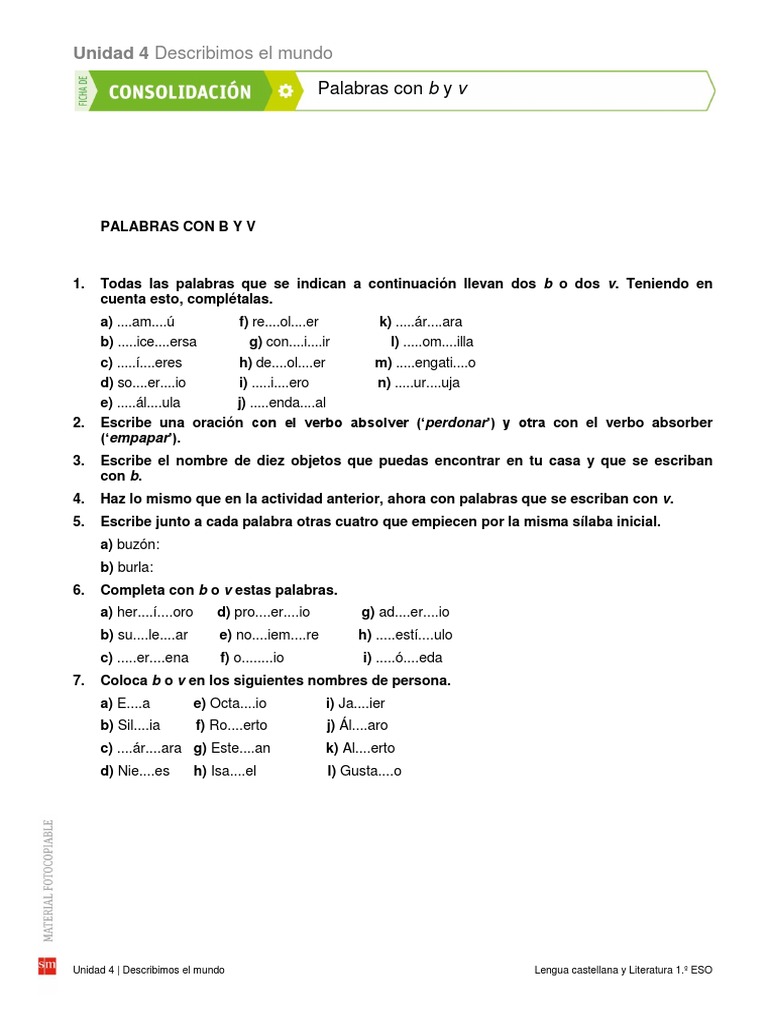 Ejercicios de B y V para 1.º ESO | PDF | Mecánica del lenguaje ...