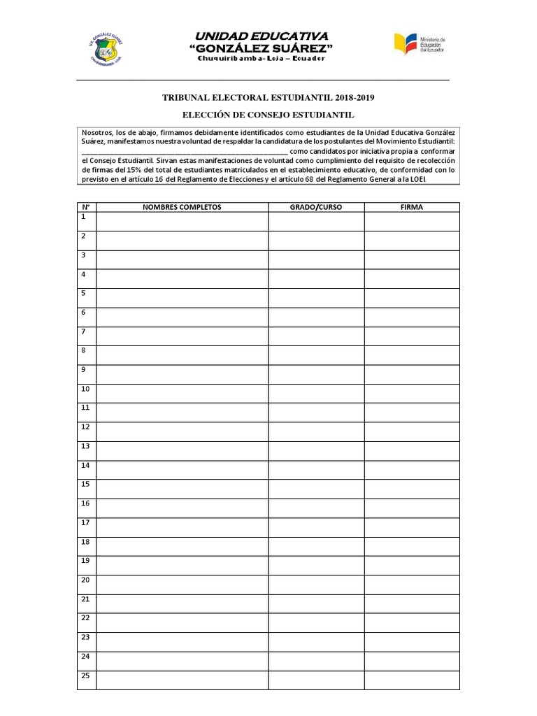 Formato Recolección de Firmas Consejo Estudiantil 2018-2019 | PDF