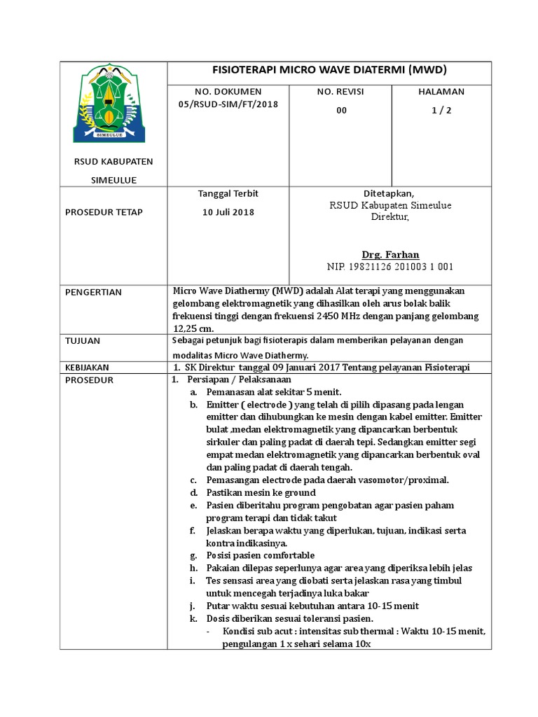 Fisioterapi Micro Wave Diatermi (MWD) : No. Dokumen 05/RSUD-SIM/FT/2018 ...
