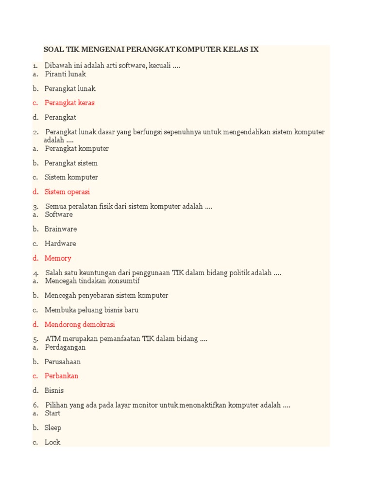 Soal Tik Mengenai Perangkat Komputer Kelas Ix | PDF