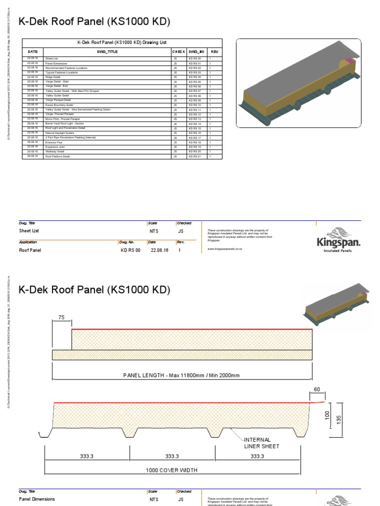 K-Dek Roof Panel (KS1000 KD) Drawing List | Download Free PDF | Roof ...