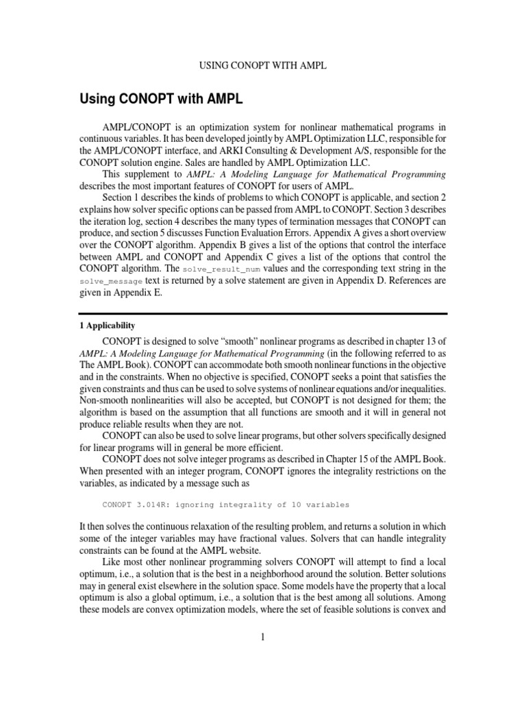 Using CONOPT With AMPL: AMPL: A Modeling Language For Mathematical Programming (In The Following ...