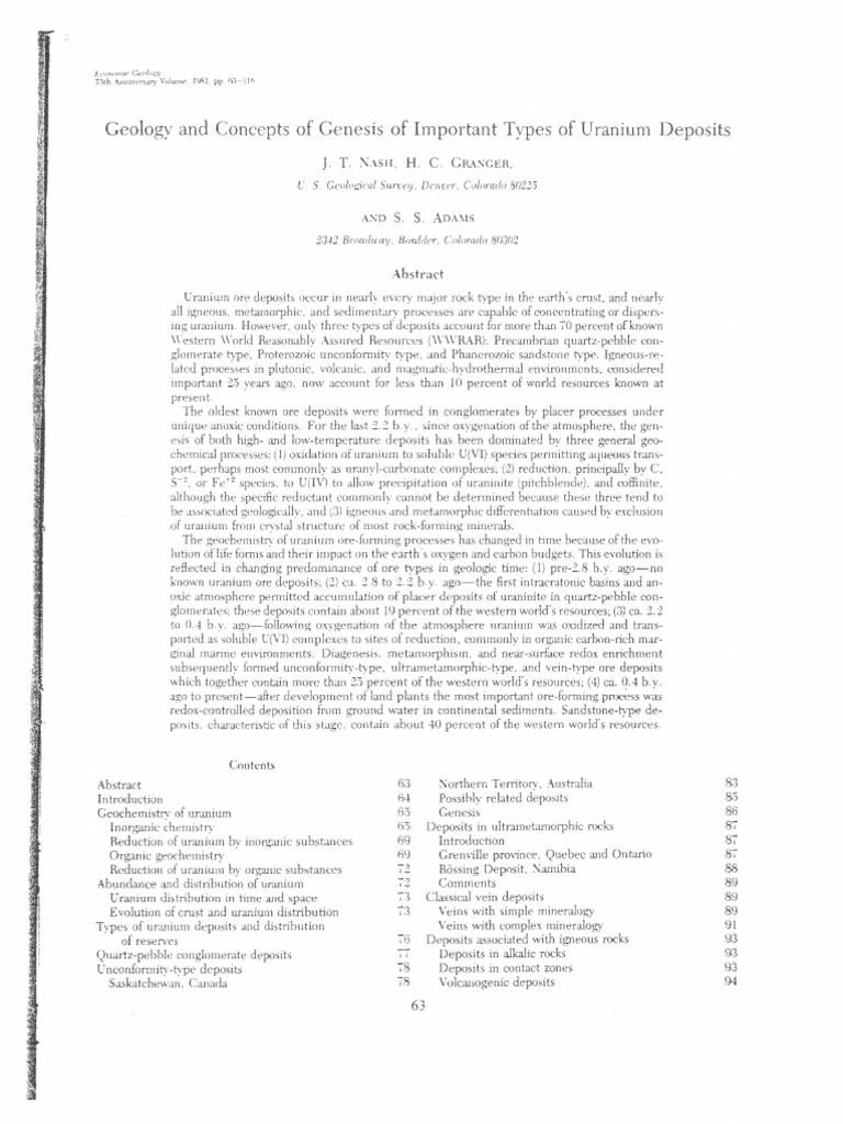 Geology and Concepts of Genesis of Important Types of Uranium Deposits ...