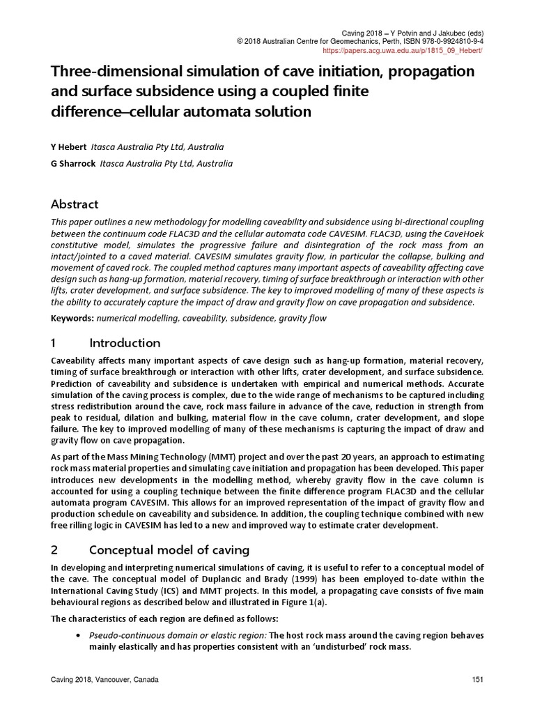Three-Dimensional Simulation of Cave Initiation, Propagation and Surface Subsidence Using A ...