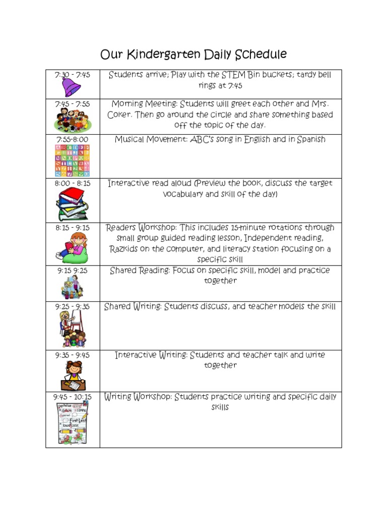 Our Kindergarten Daily Schedule | PDF | Reading (Process) | Behavior ...