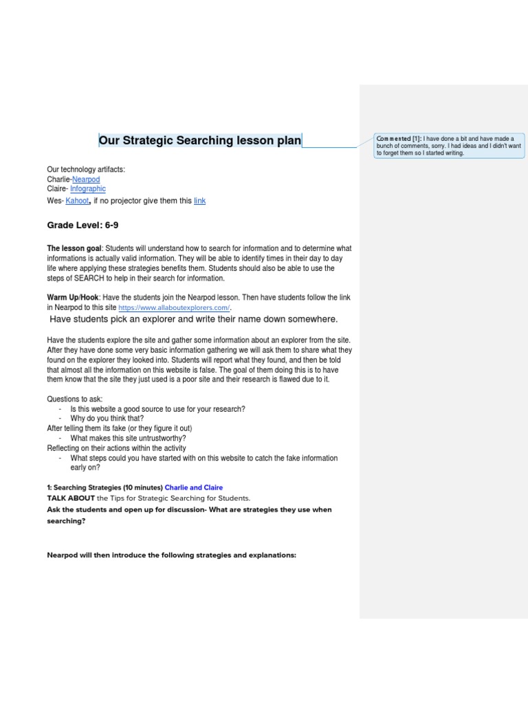 Our Strategic Searching Lesson Plan:, Grade Level: 6-9 | PDF | Search ...