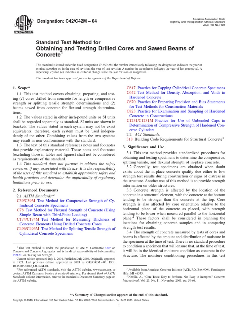 Astm C42/C42M - 04 | PDF | Strength Of Materials | Concrete