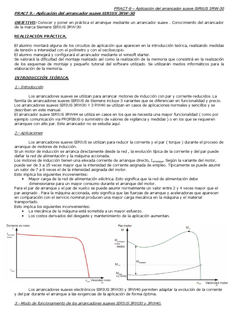 PRACT 9. - Aplicación Del Arrancador Suave SIRIUS 3RW-30 | PDF | Esfuerzo de torsión | Corriente ...