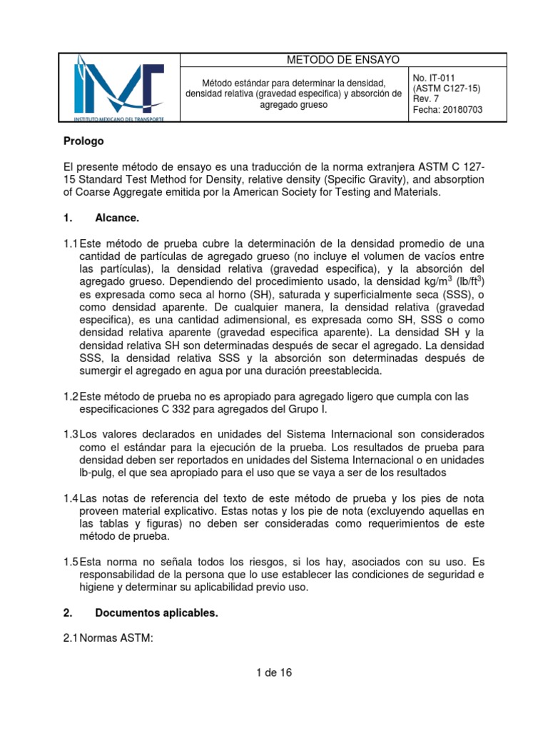 Astm C-127 | PDF | Densidad | Absorción (Química)