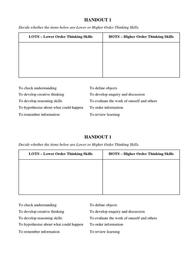 Handout 1: LOTS - Lower Order Thinking Skills HOTS - Higher Order ...