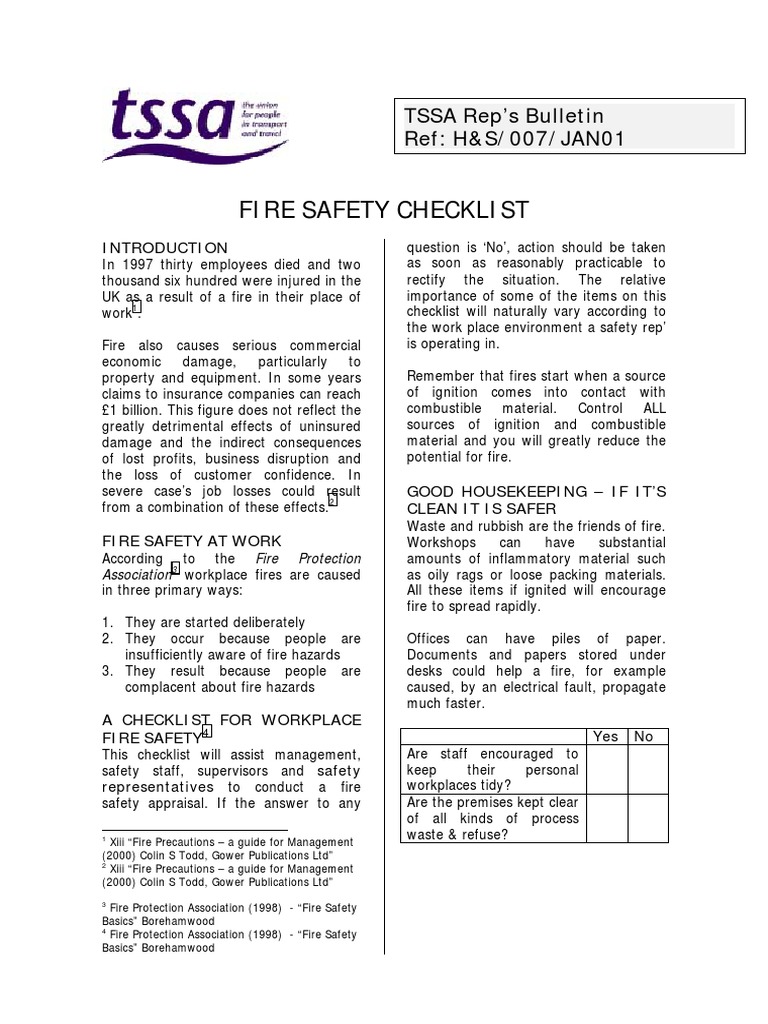 Fire Safety Checklist: TSSA Rep's Bulletin Ref: H&S/007/JAN01 | PDF ...