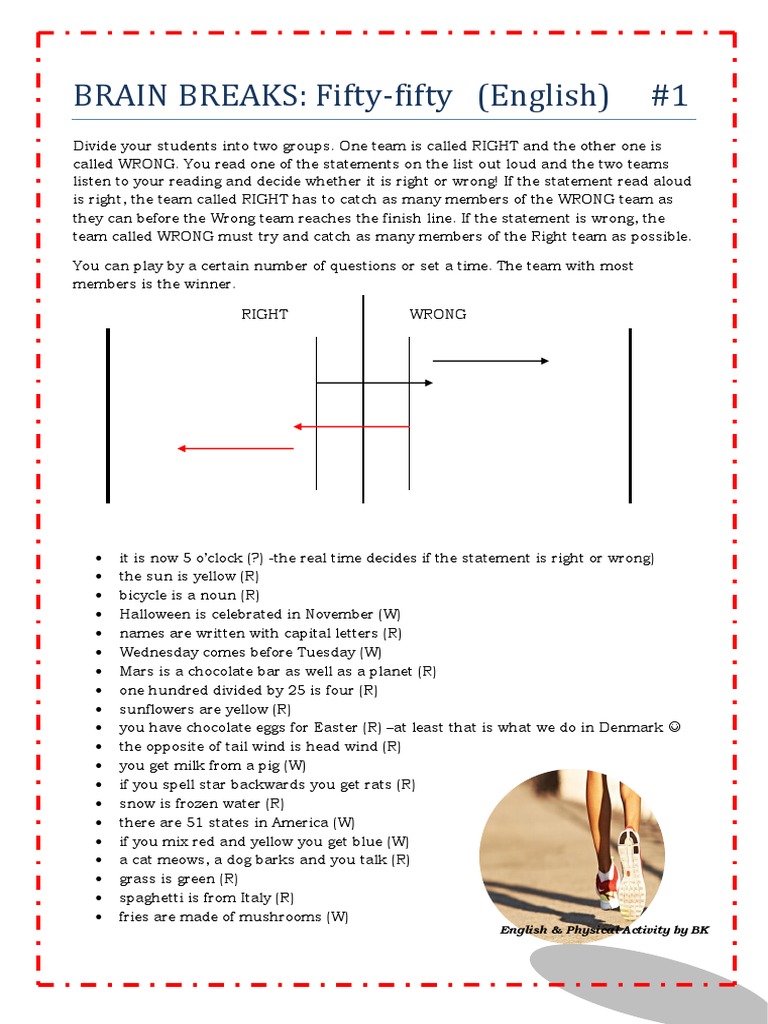 BRAIN BREAKS: Fifty-Fifty (English) #1: English & Physical Activity by ...