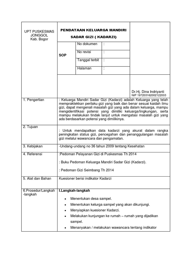 Sop Pendataan Keluarga Mandiri Sadar Gizi (Kadarzi) | PDF