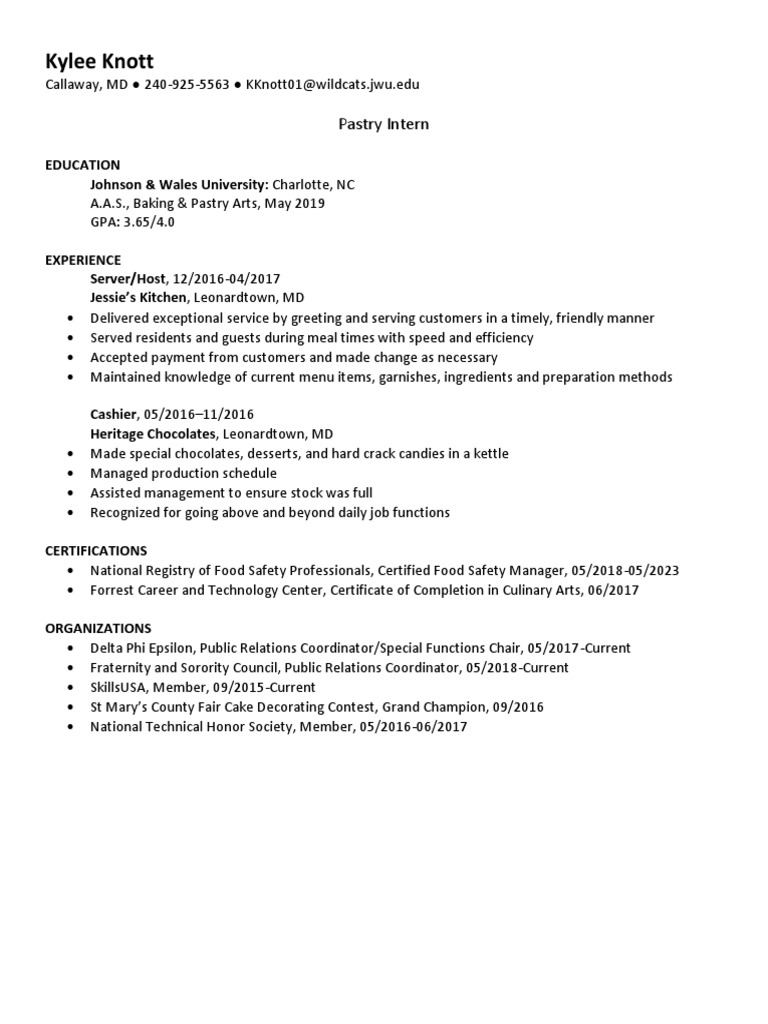 Knott Kylee - Resume Kylee T | PDF | Food And Drink | Foods