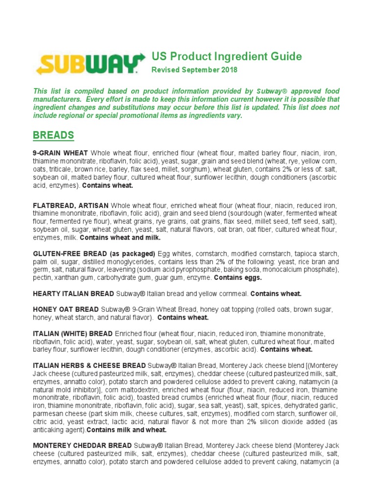 US Product Ingredient Guide for Subway® Sandwiches | PDF | Flour | Breads