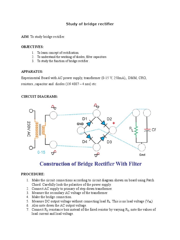 Study of Bridge Rectifier: Objectives | PDF | Rectifier | Power (Physics)