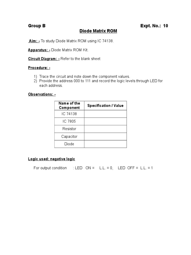 Group B Expt. No.: 10 Diode Matrix ROM | PDF | Read Only Memory ...