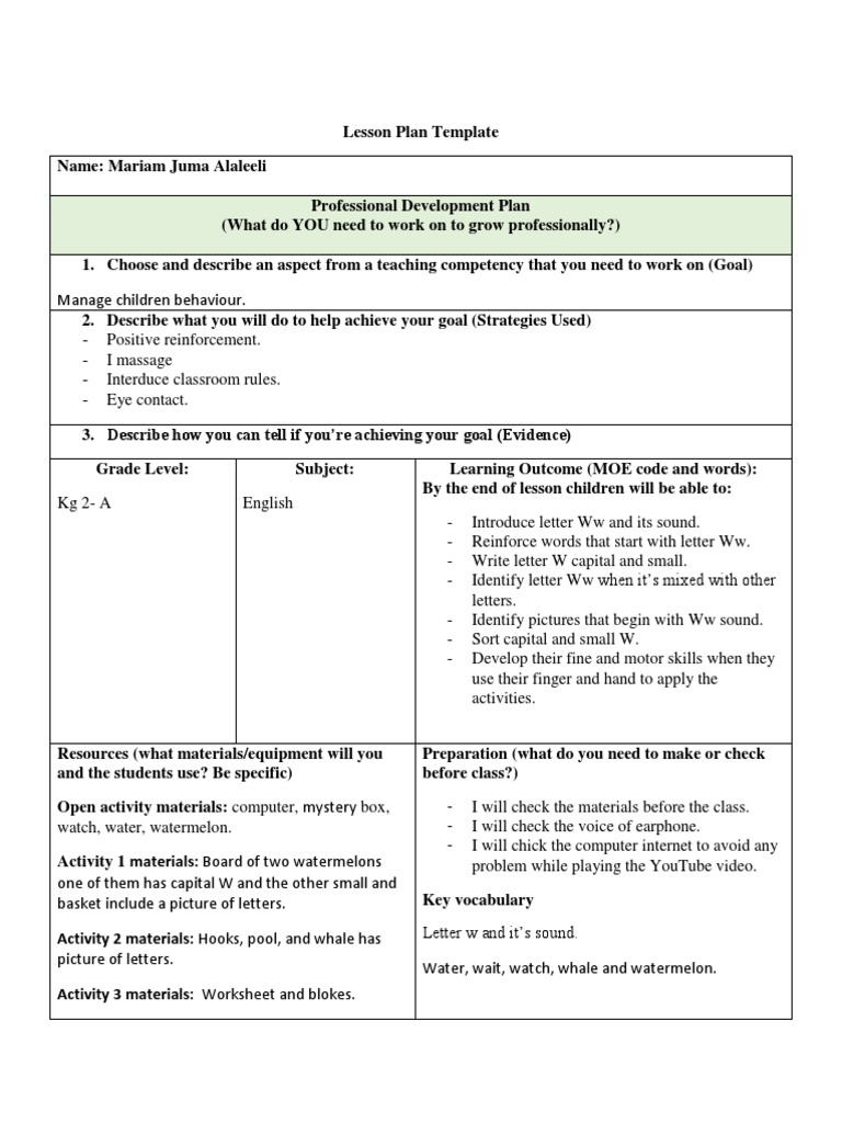 Lesson Plan - Letter W | PDF | Lesson Plan | Teachers