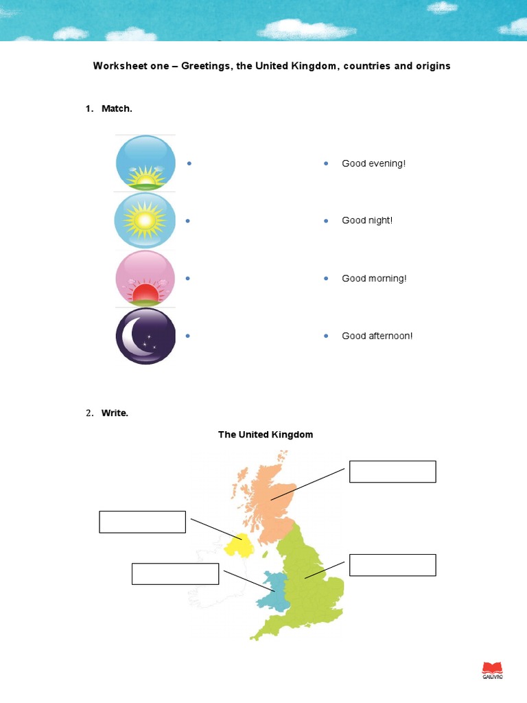 Worksheet One - Greetings, The United Kingdom, Countries and Origins ...