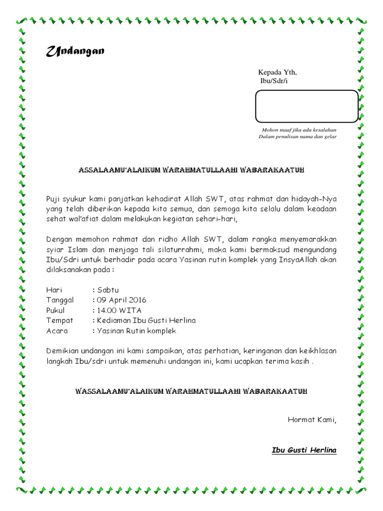 Contoh Undangan Yasinan Rutin | PDF