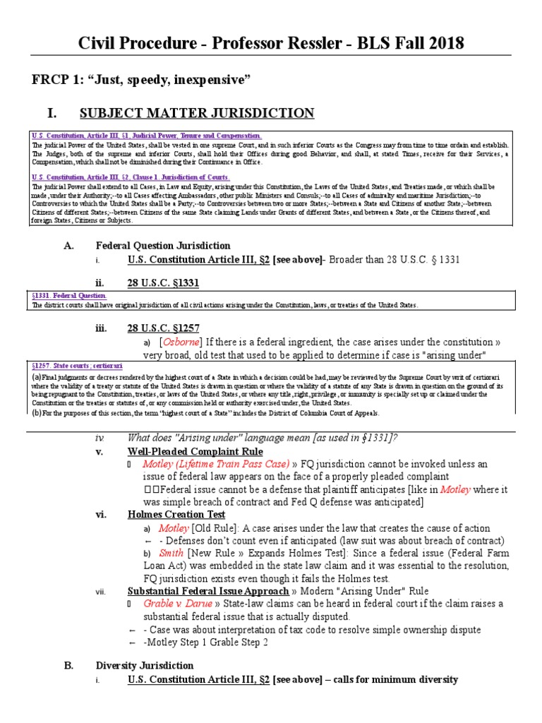 Civ Pro Outline | PDF | Diversity Jurisdiction | Service Of Process