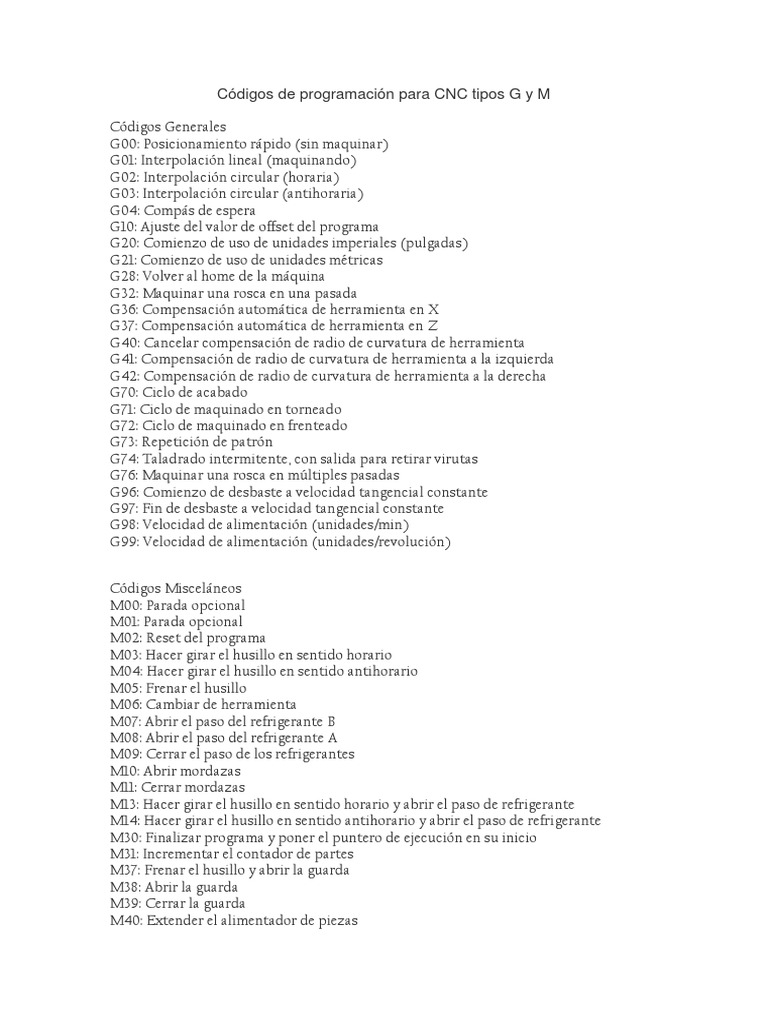 Códigos de Programación para CNC Tipos G y M | PDF | Herramientas | Ingeniería mecánica