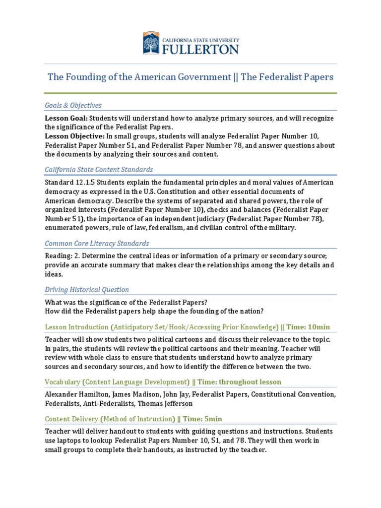 federalist papers primary source lesson | The Federalist Papers ...