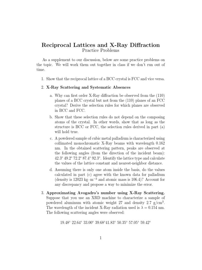 Exercises - ReciprocalSpaces and XRD | PDF | X Ray Crystallography ...