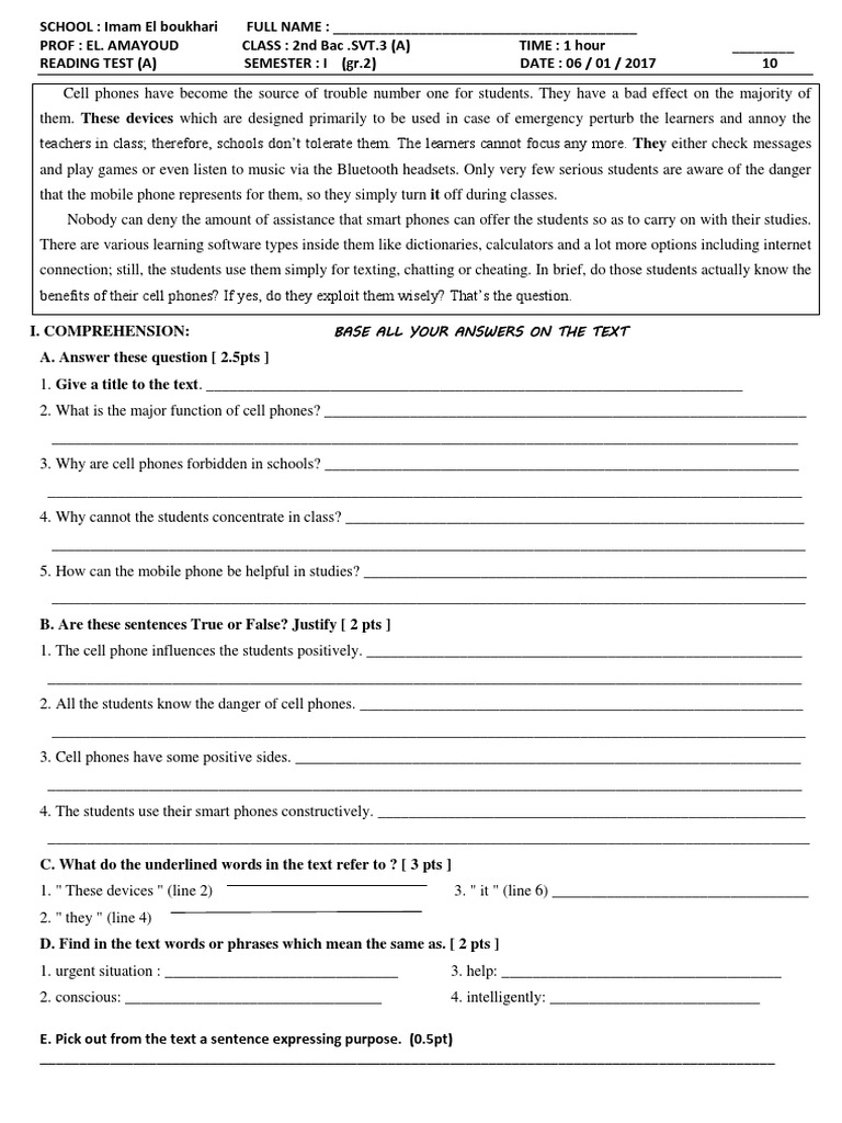 2ned Bac Reading Test SVT.3 A | PDF | Text Messaging | Mobile Phones