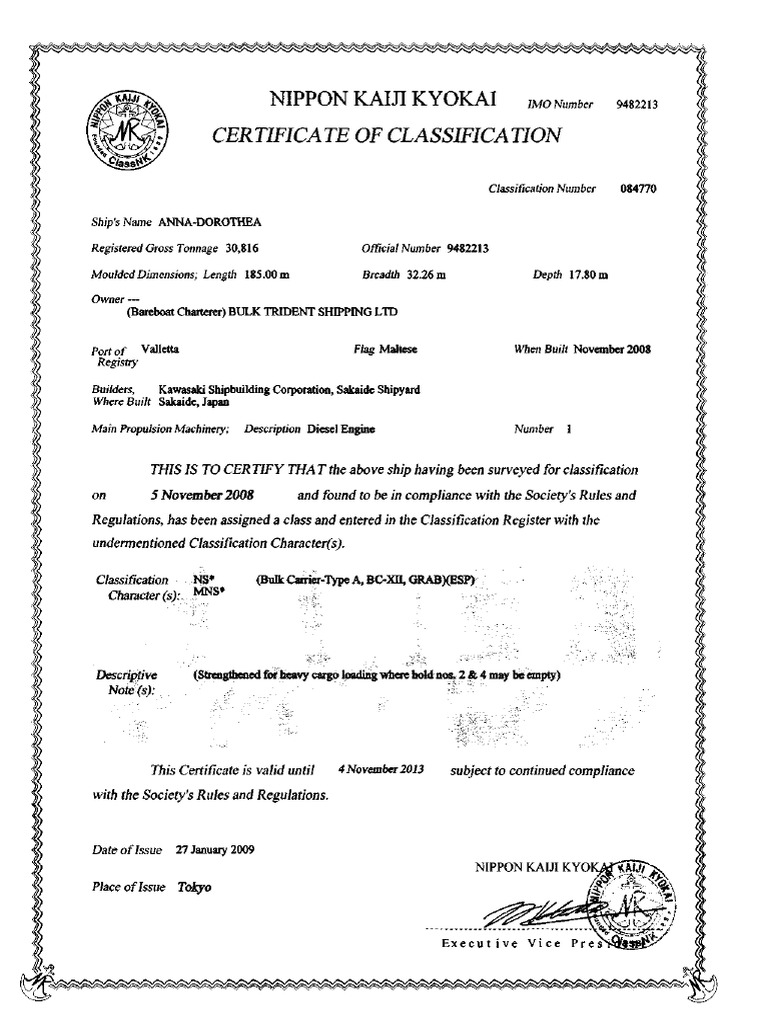 Certificate of Classification: Nippon Kaijikyokai 9482213 | PDF
