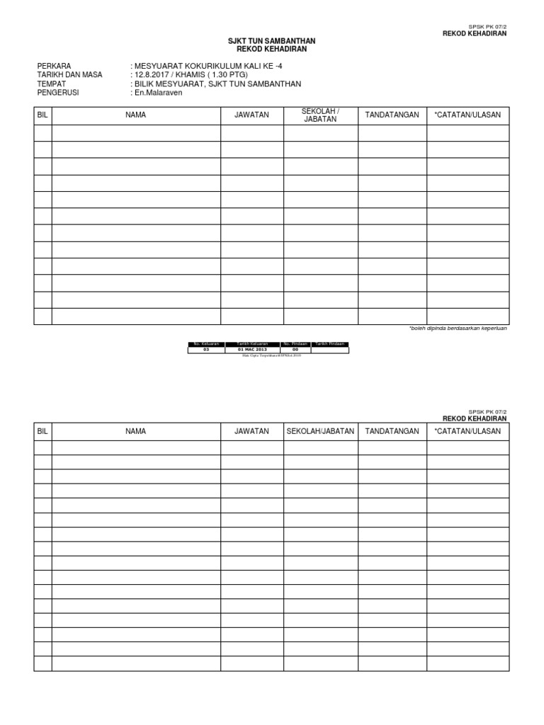 Spsk Pk07 2 Rekod Kehadiran Pdf