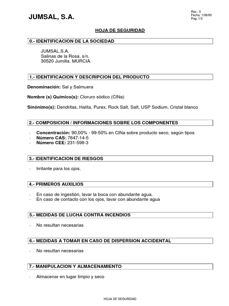 Hoja de Seguridad Sal y Salmuera | PDF | Cloruro de sodio | Agua