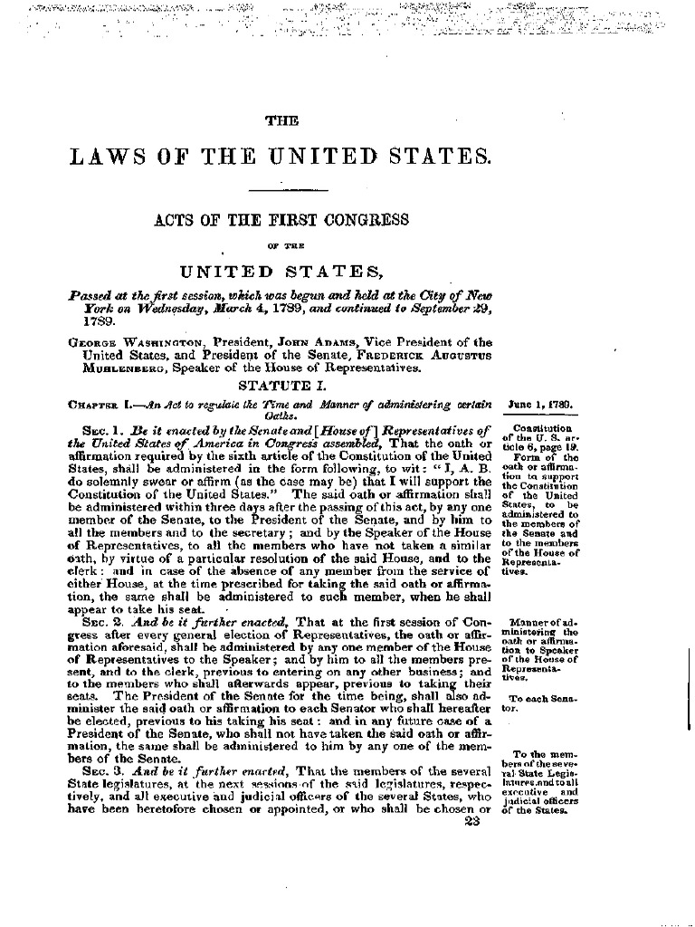 1 Stat 23 Mandatory Oaths | PDF | Oath Of Office | United States House ...