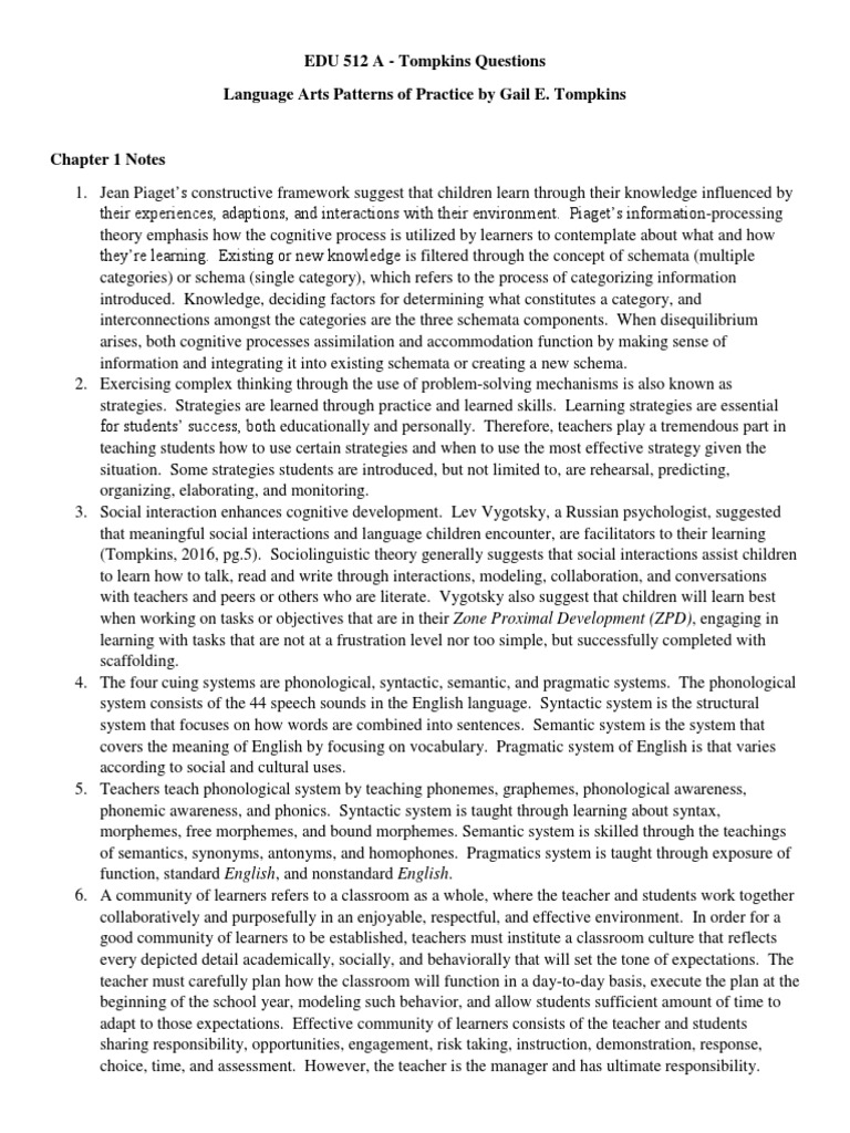 Edu 512 Tompkins Chapter 1-12 Notes | PDF | Schema (Psychology) | Narration