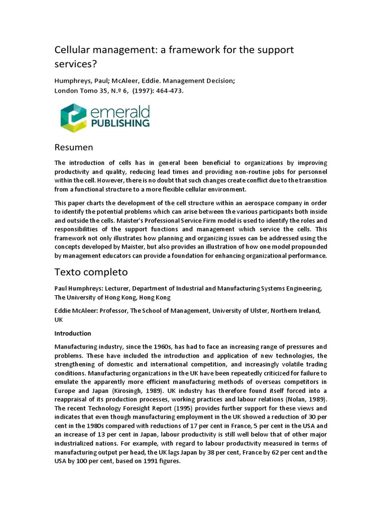 Cellular Management: A Framework For The Support Services?: Resumen ...