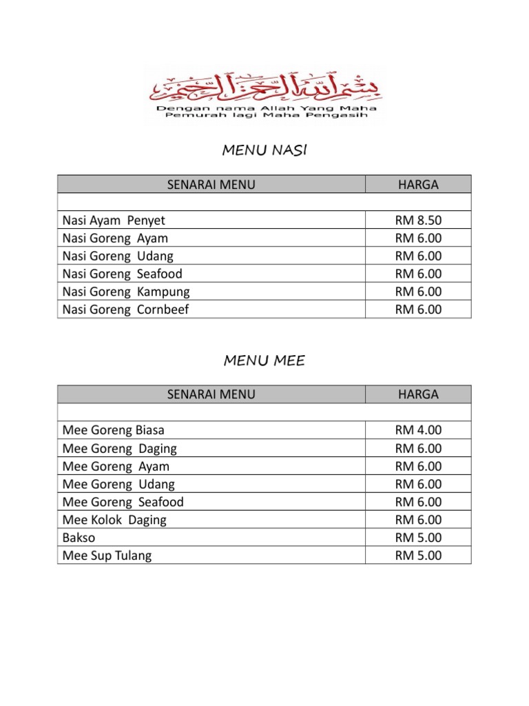 Menu Nasi dan Mee dengan Harga | PDF