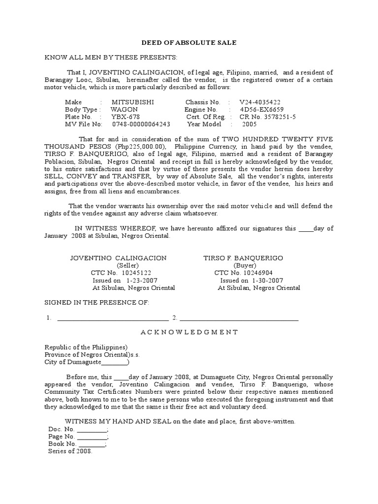 Deed of Absolute Sale (Ready To Print) | PDF | Deed | Private Law