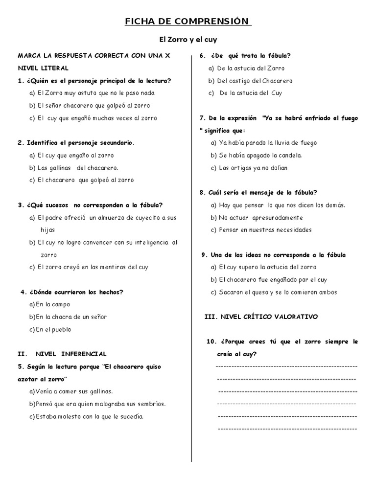FICHA de COMPRENSIÓN Lectora El Zorro y El Cuy | PDF | Fábula