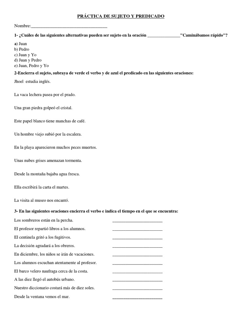 Práctica de Sujeto y Predicado | PDF