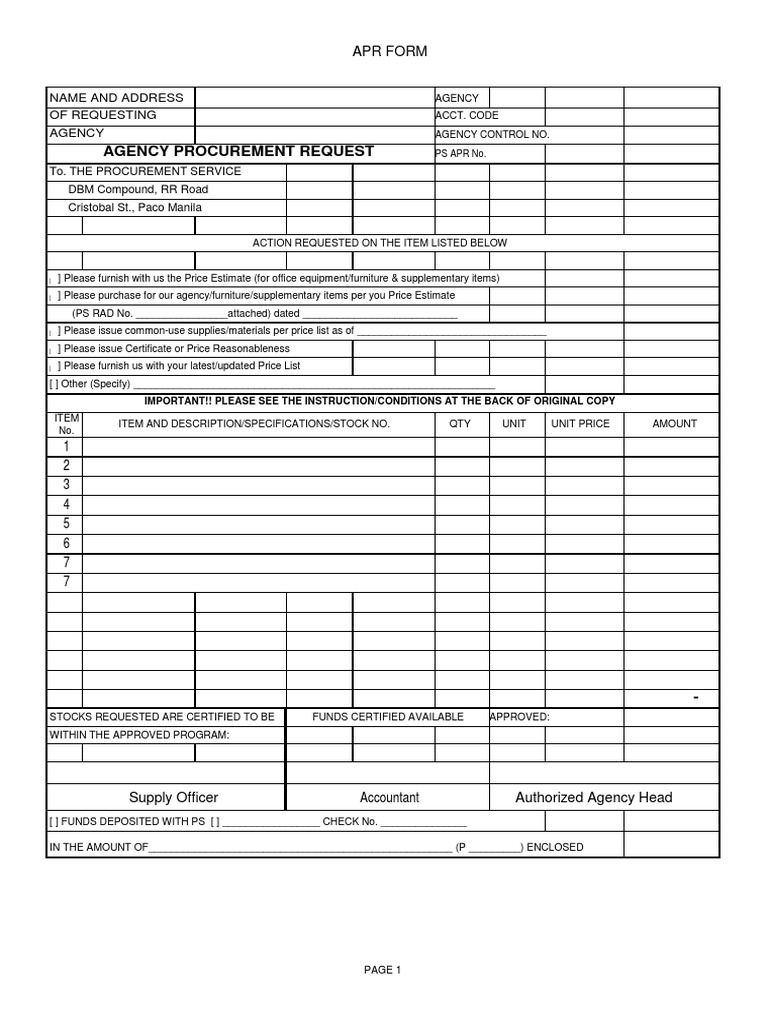 Agency Procurement Request: Apr Form | PDF