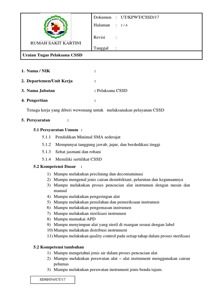 Uraian Tugas CSSD | PDF