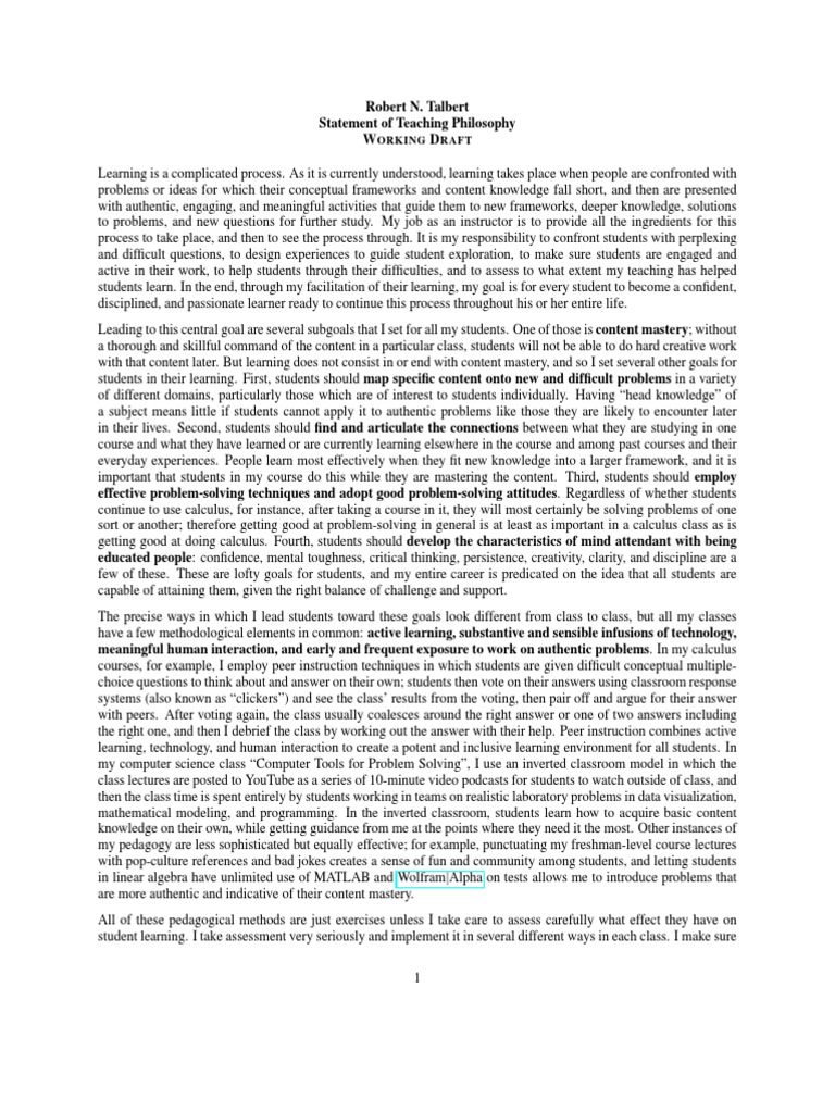 Robert Talbert Statement of Teaching Philosophy DRAFT | PDF | Course ...